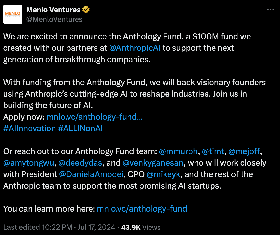 Anthropic攜手Menlo Ventures共同推出1億美元基金，加速開創性AI應用發展 | 鏈新聞 ABMedia