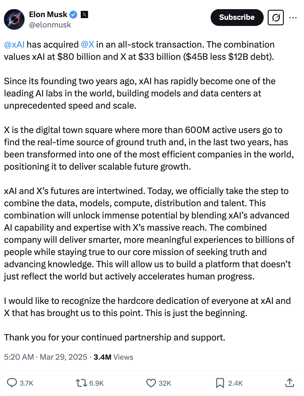 馬斯克宣布 xAI 合併 X (Twitter) 新估值為 800 億美元，急起直追 ChatGPT 和 TikTok | 鏈新聞 ABMedia