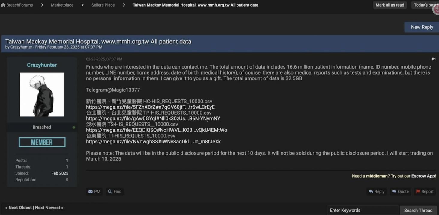 台灣 1,660 萬筆病患個資外洩！中國駭客 CrazyHunter 駭入馬偕，要求支付贖金 | 鏈新聞 ABMedia