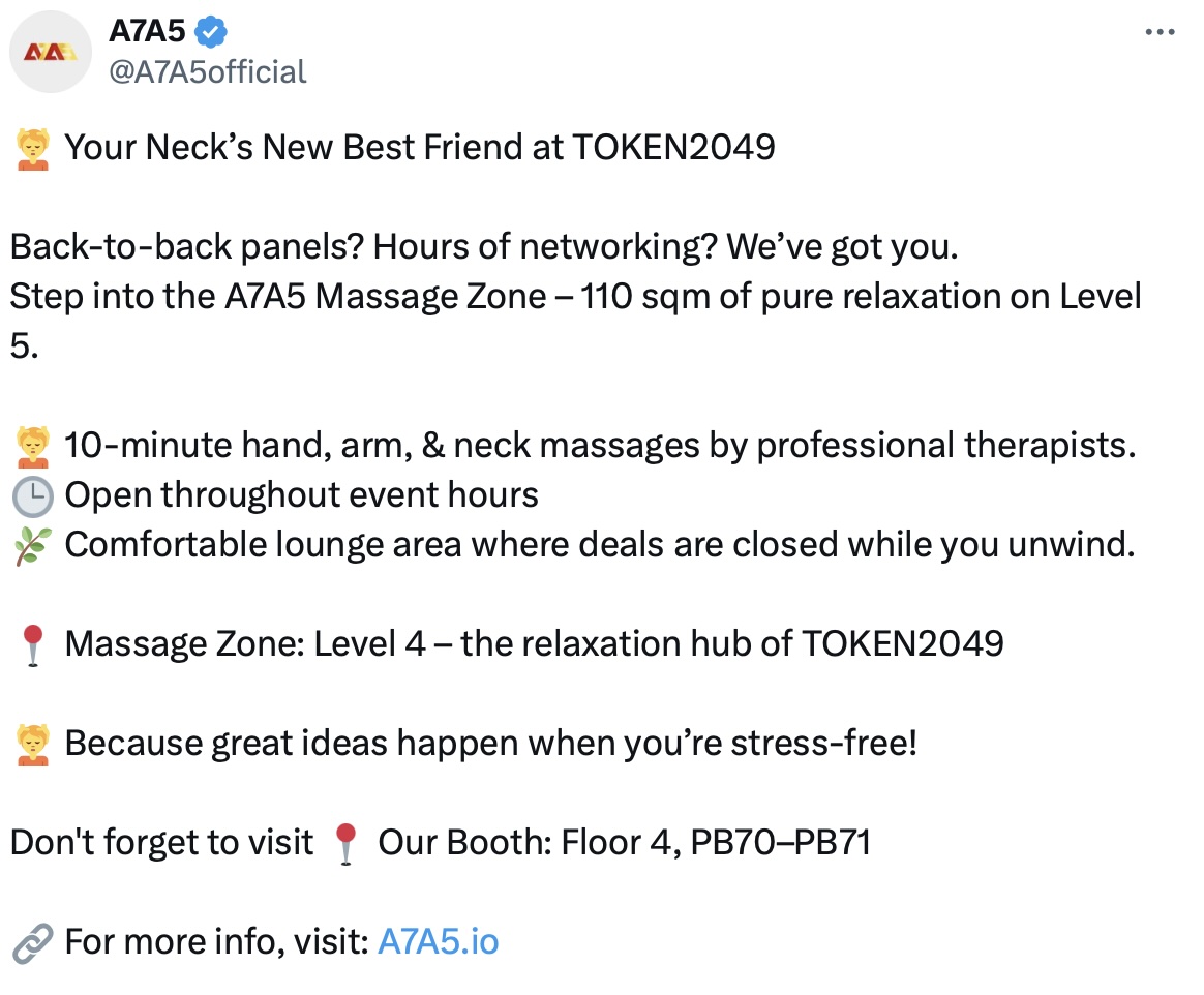 受制裁的俄羅斯穩定幣 A7A5 驚現新加坡 Token 2049 設置按摩區，引爆爭議 | 鏈新聞 ABMedia